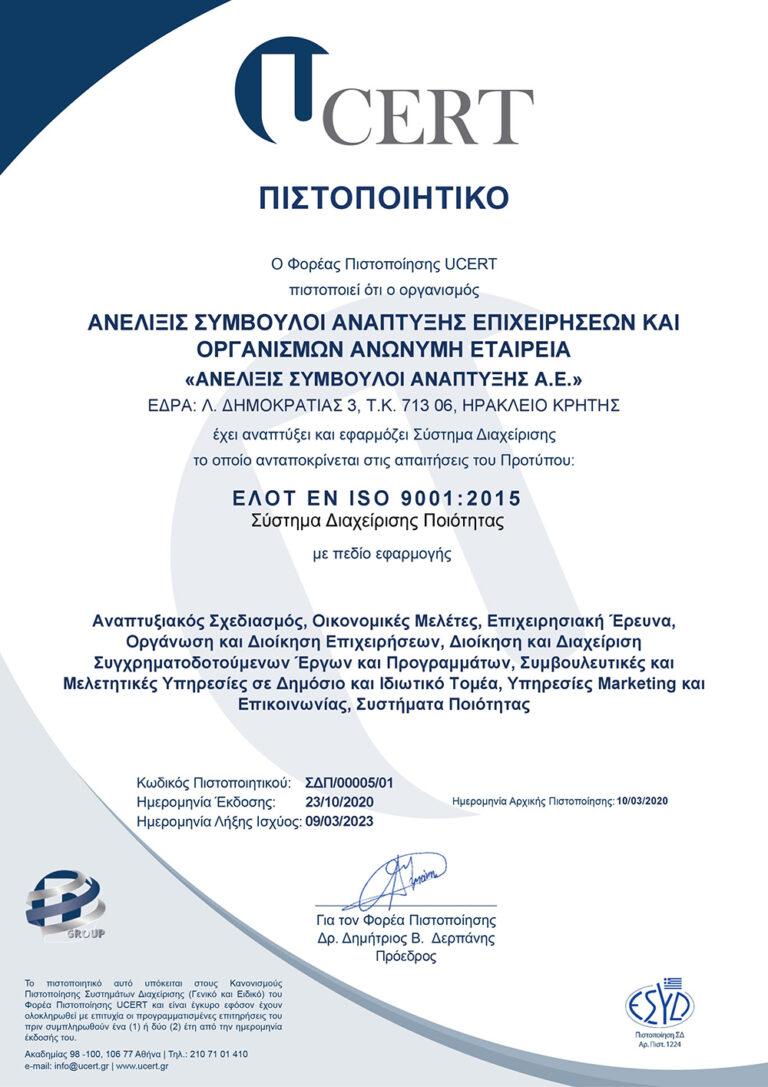 Πιστοποιήσεις - Ανέλιξις Σύμβουλοι Επιχειρήσεων